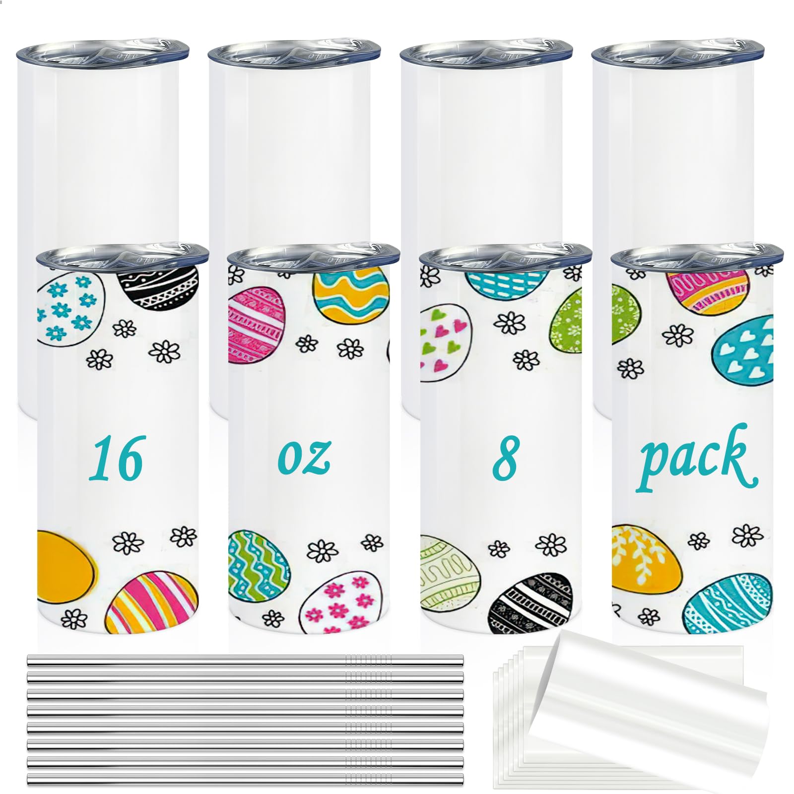 AiHeart 16oz Kids Sublimation Straight Skinny Tumbler,8pack Sublimation Stainless Steel Blanks Bulk,Double Wall Vacuum Tumblers with Shrink Wrap Films and Straw,Great DIY Gift for Kid,Toddler