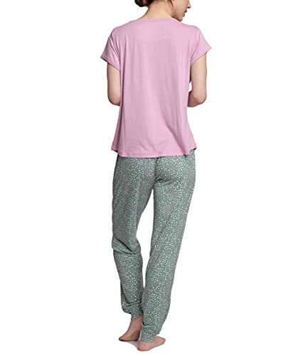 Hanes Women's Short Sleeve Top and Jogger Pajama Pants, Pink/Dot, Large