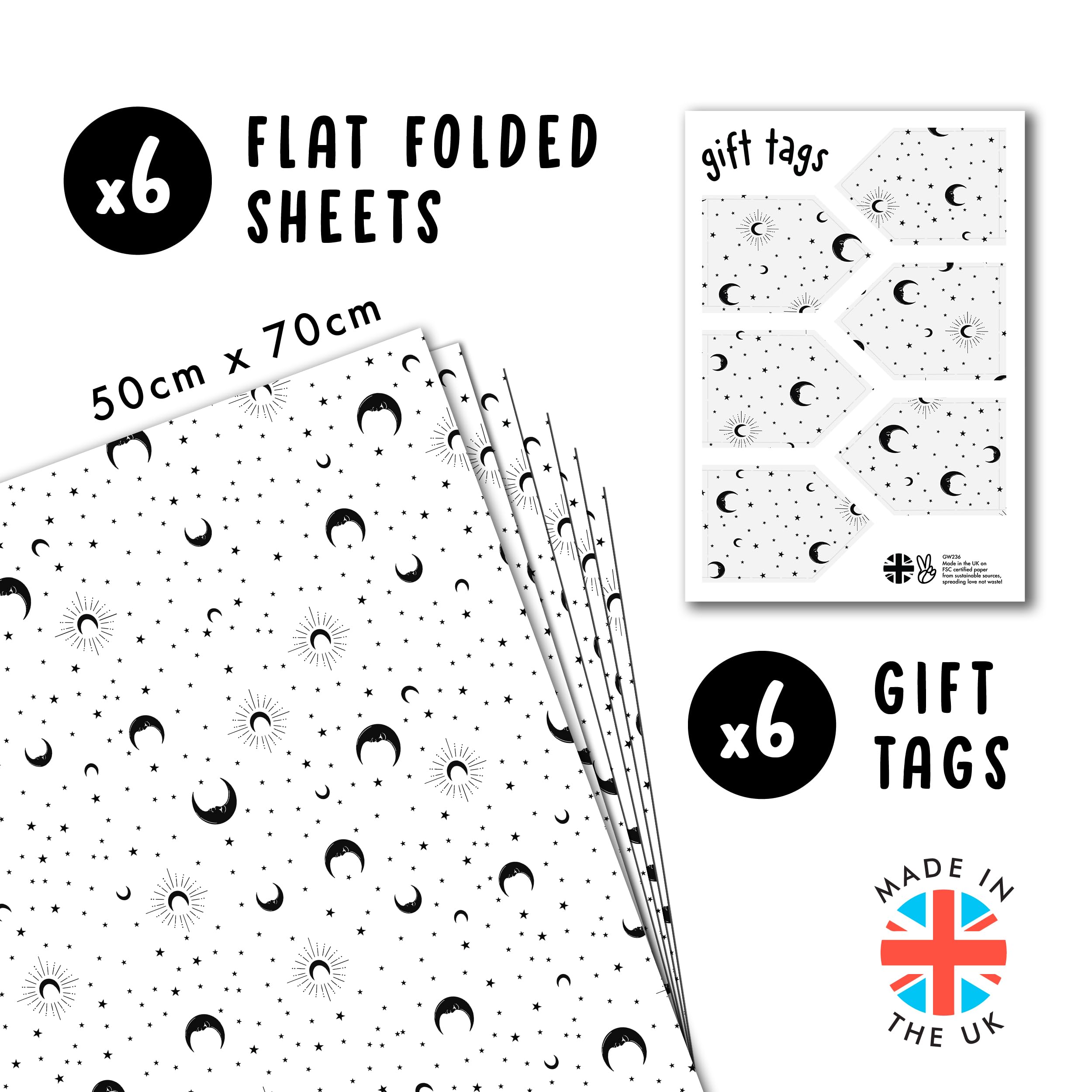 CENTRAL 23 - White Wrapping Paper - 6 Sheets of Monochrome Gift Wrap - Moons and Stars - Birthday Wrap for Her - Birthday Wrapping Paper for Men and Women - Recyclable