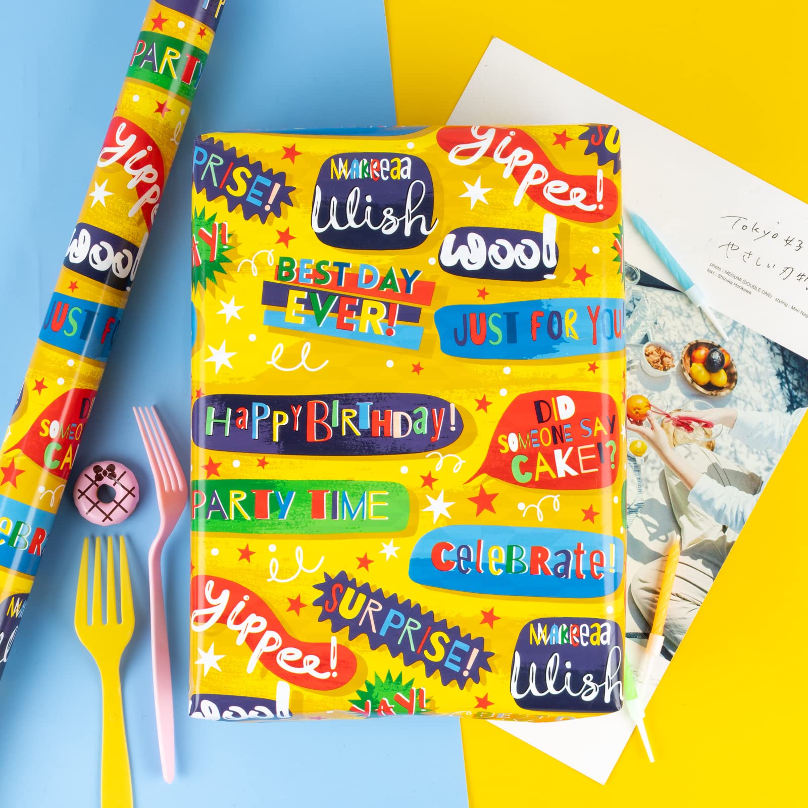 MAYPLUSS Reversible Birthday Wrapping Paper Roll - Mini Roll - 17 Inch X 32.8 Feet(47.3 sq.ft) - Happy Birthday Lettering,Colorful Star Design for Party,Wedding