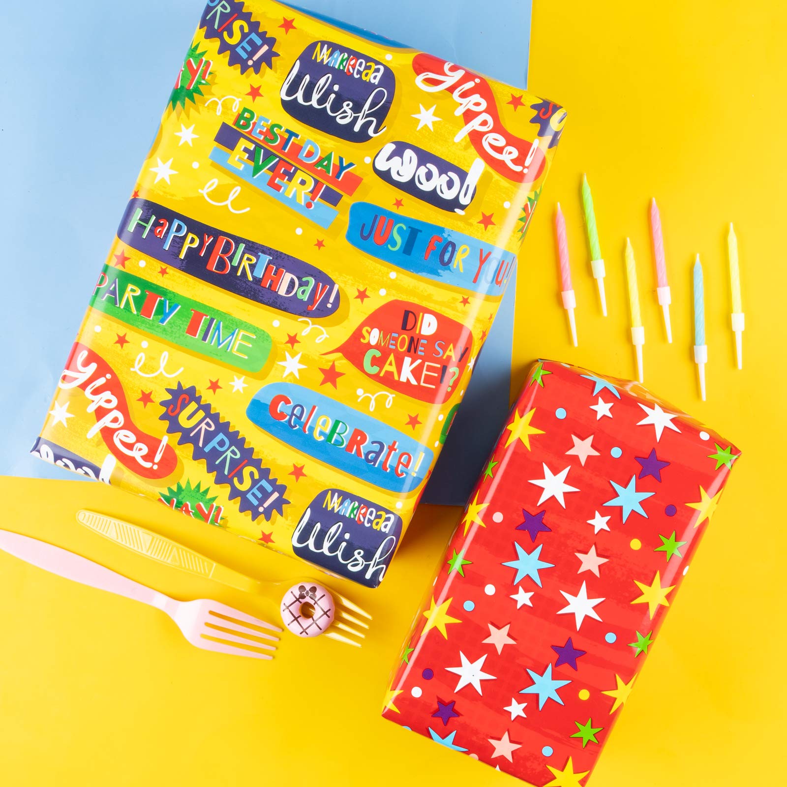 MAYPLUSS Reversible Birthday Wrapping Paper Roll - Mini Roll - 17 Inch X 32.8 Feet(47.3 sq.ft) - Happy Birthday Lettering,Colorful Star Design for Party,Wedding