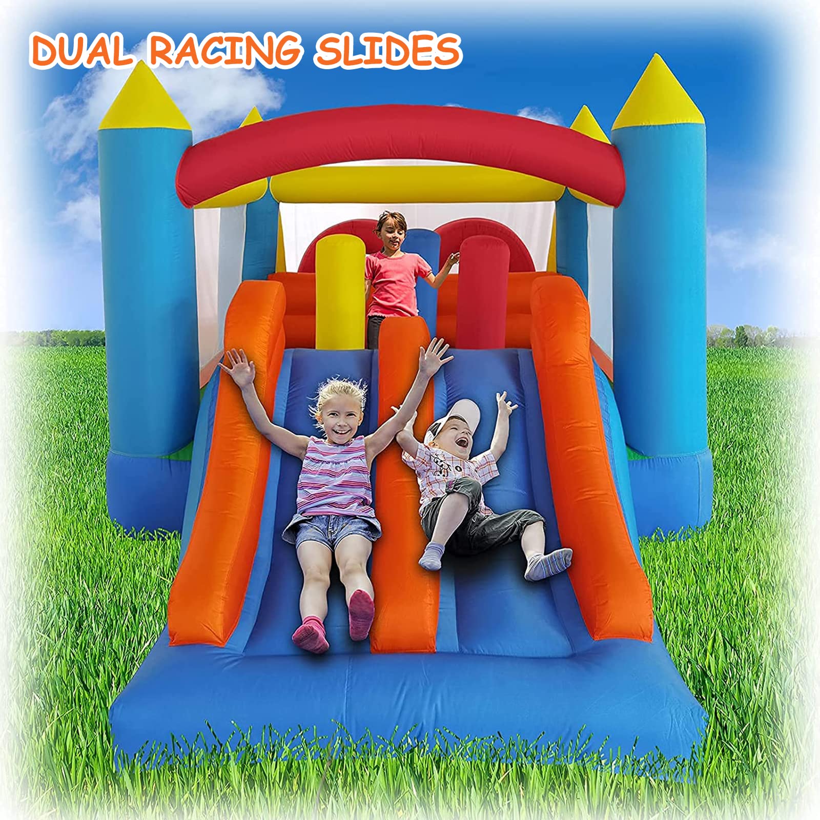 HuaKastro 16.3x7.2FT Kids Inflatable Obstacle Bounce House with Dual Racing Slides, Crawl Tunnels, Climbing, Obstacles, Jumping All in One Castle Great for Children's Outdoor Party - with Blower