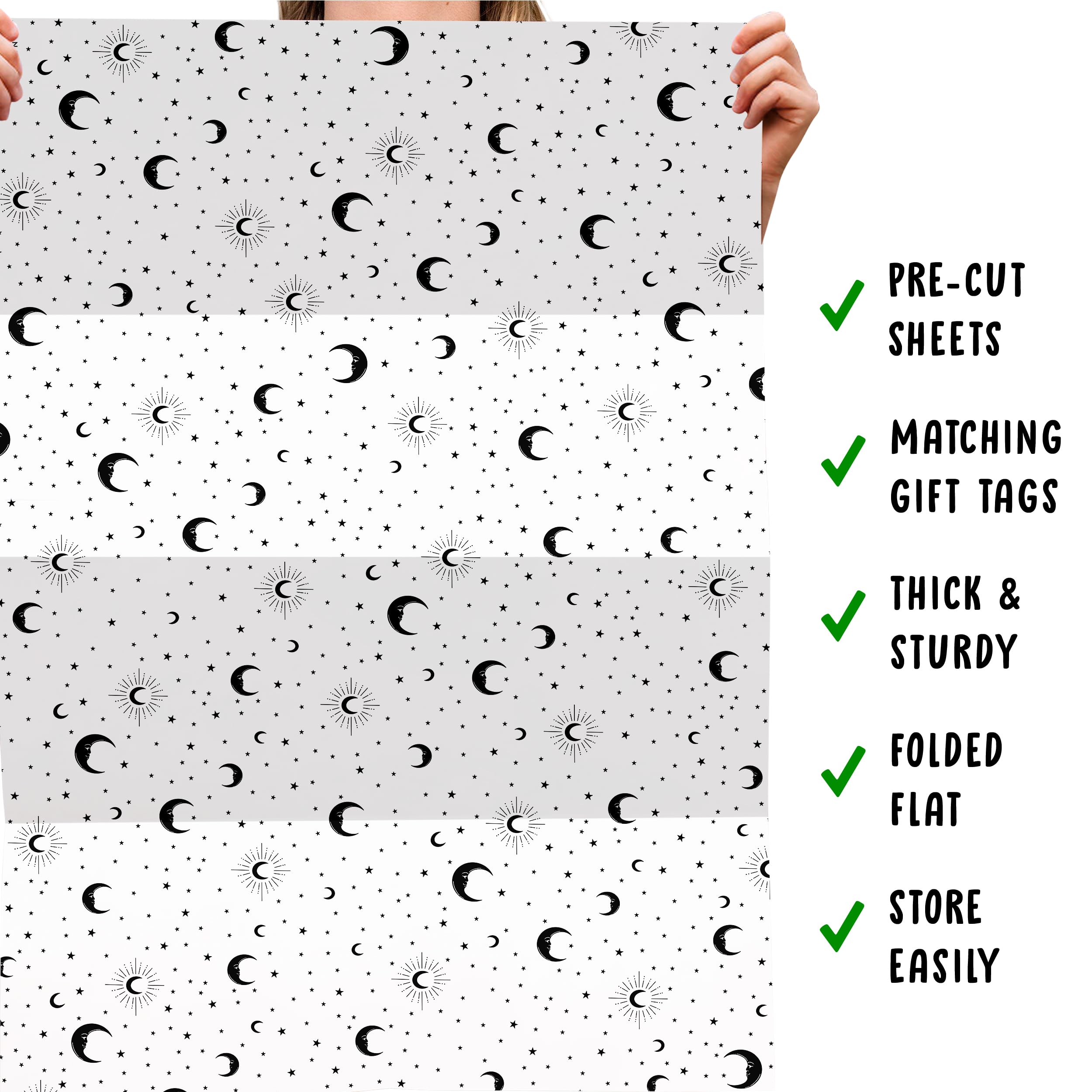 CENTRAL 23 - White Wrapping Paper - 6 Sheets of Monochrome Gift Wrap - Moons and Stars - Birthday Wrap for Her - Birthday Wrapping Paper for Men and Women - Recyclable