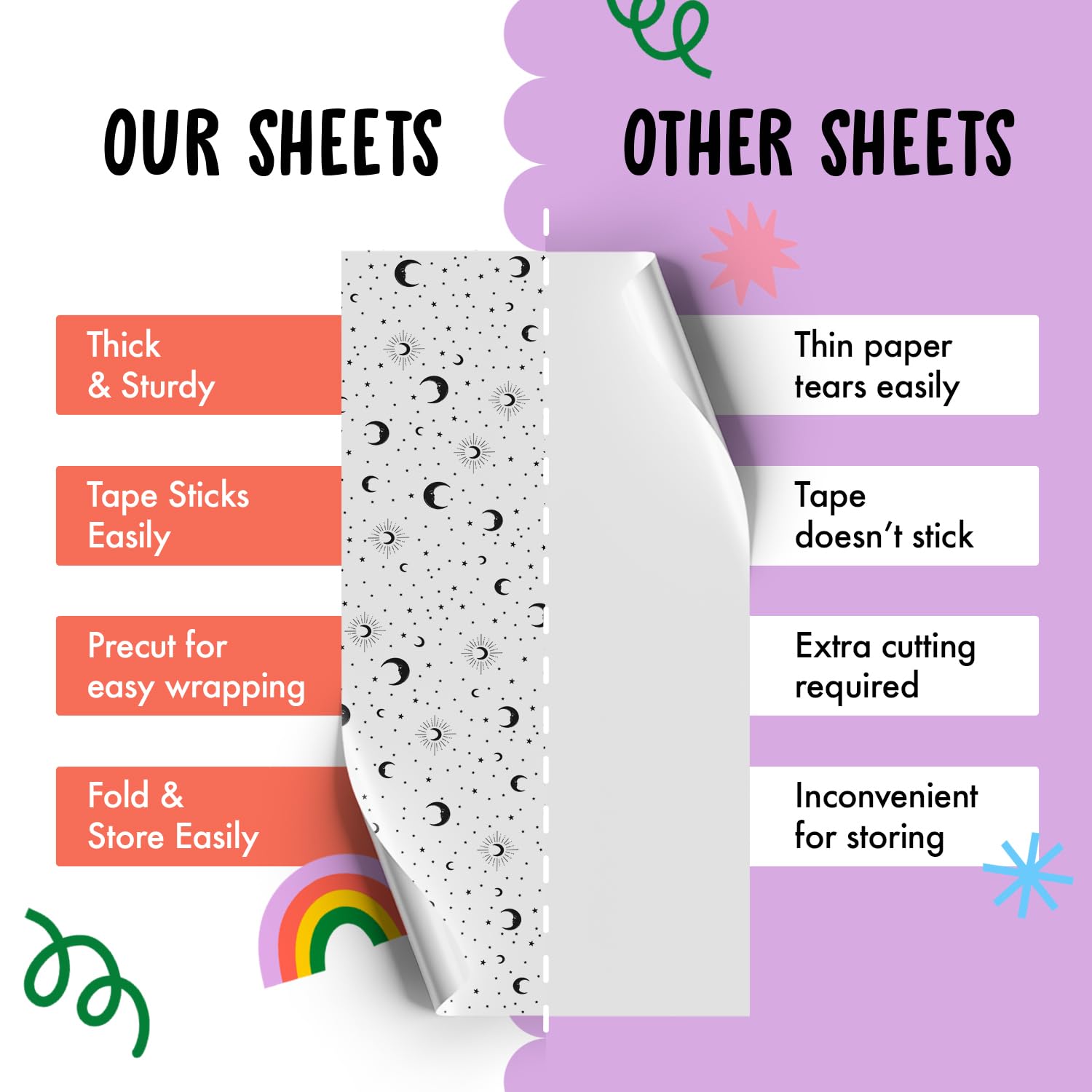 CENTRAL 23 - White Wrapping Paper - 6 Sheets of Monochrome Gift Wrap - Moons and Stars - Birthday Wrap for Her - Birthday Wrapping Paper for Men and Women - Recyclable