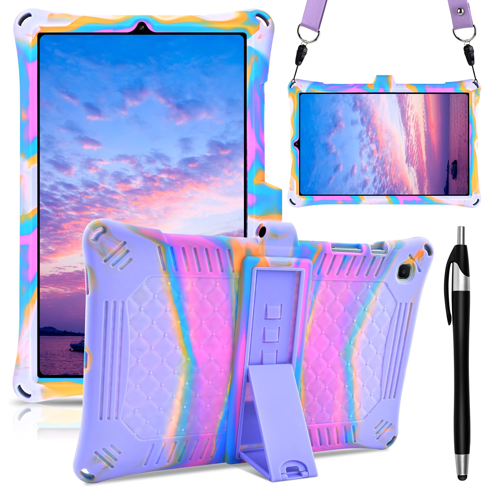 DETUOSI Case for Samsung Galaxy Tab S6 Lite 10.4" 2024/2022/2020 with Shoulder Strap, Stylus Pen, Multi-Angle Soft Silicone Case for Galaxy S6 Lite Tablet, Model(SM-P610/P613), Rose Red & Purple
