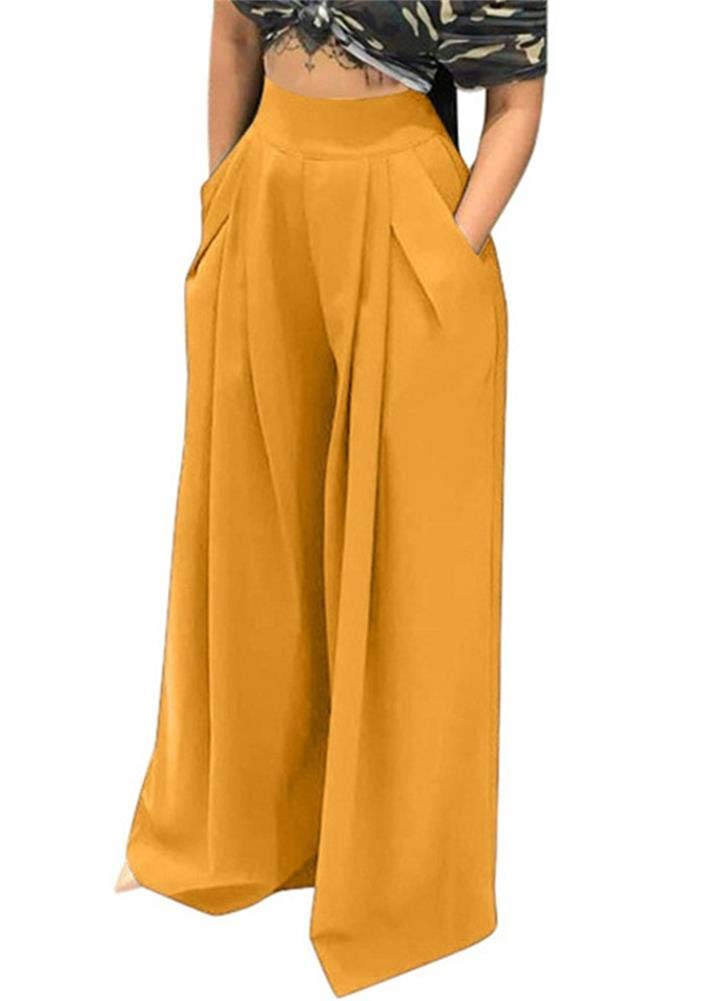 NRTHYE Womens Palazzo Long Pants High Waist Wide Leg Stretchy Loose Fit Casual Trousers with Pocket