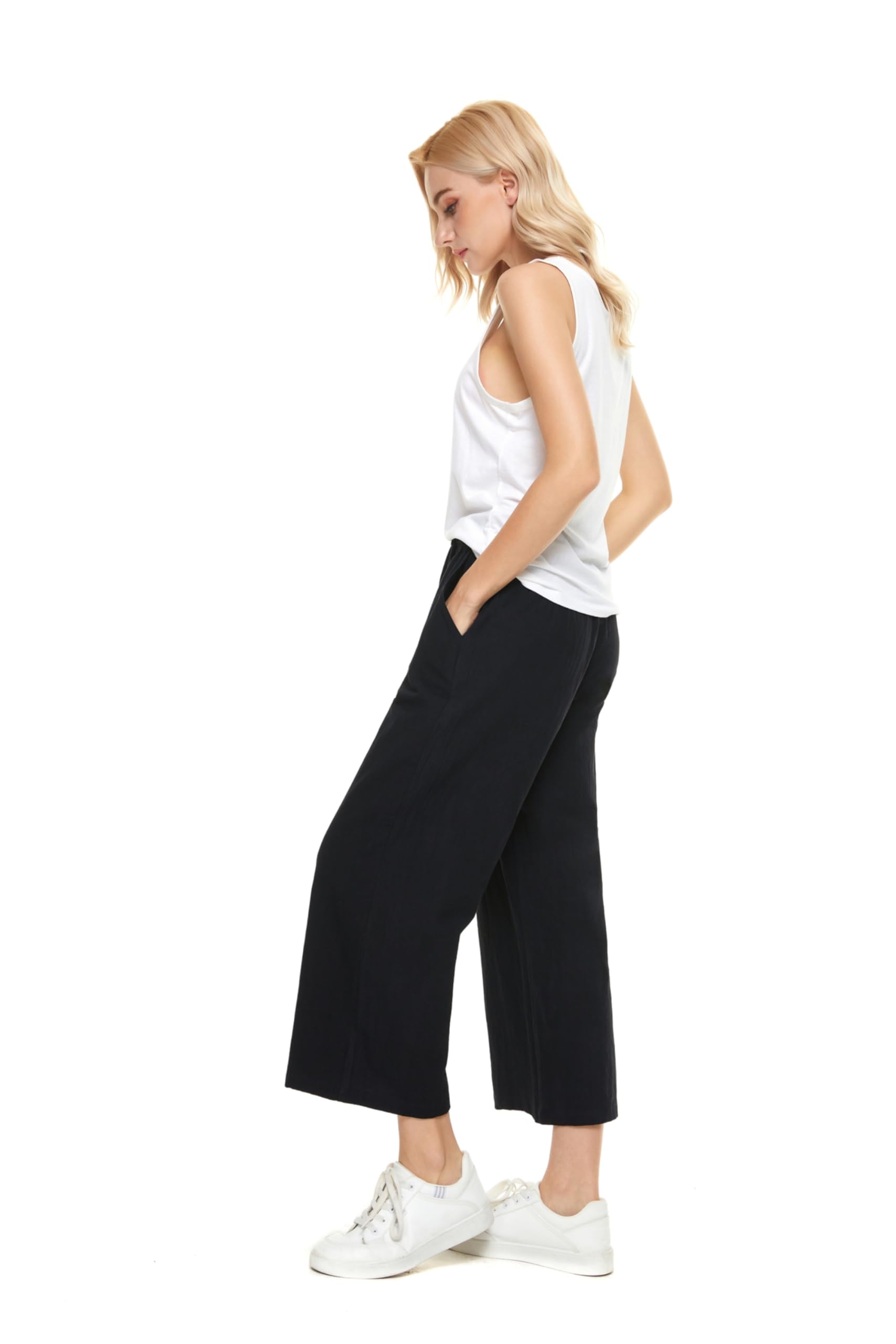 LNX Womens High Waisted Capri Pants 100% Linen Wide Leg Drawstring Flowy Comfy Crop Pants Black
