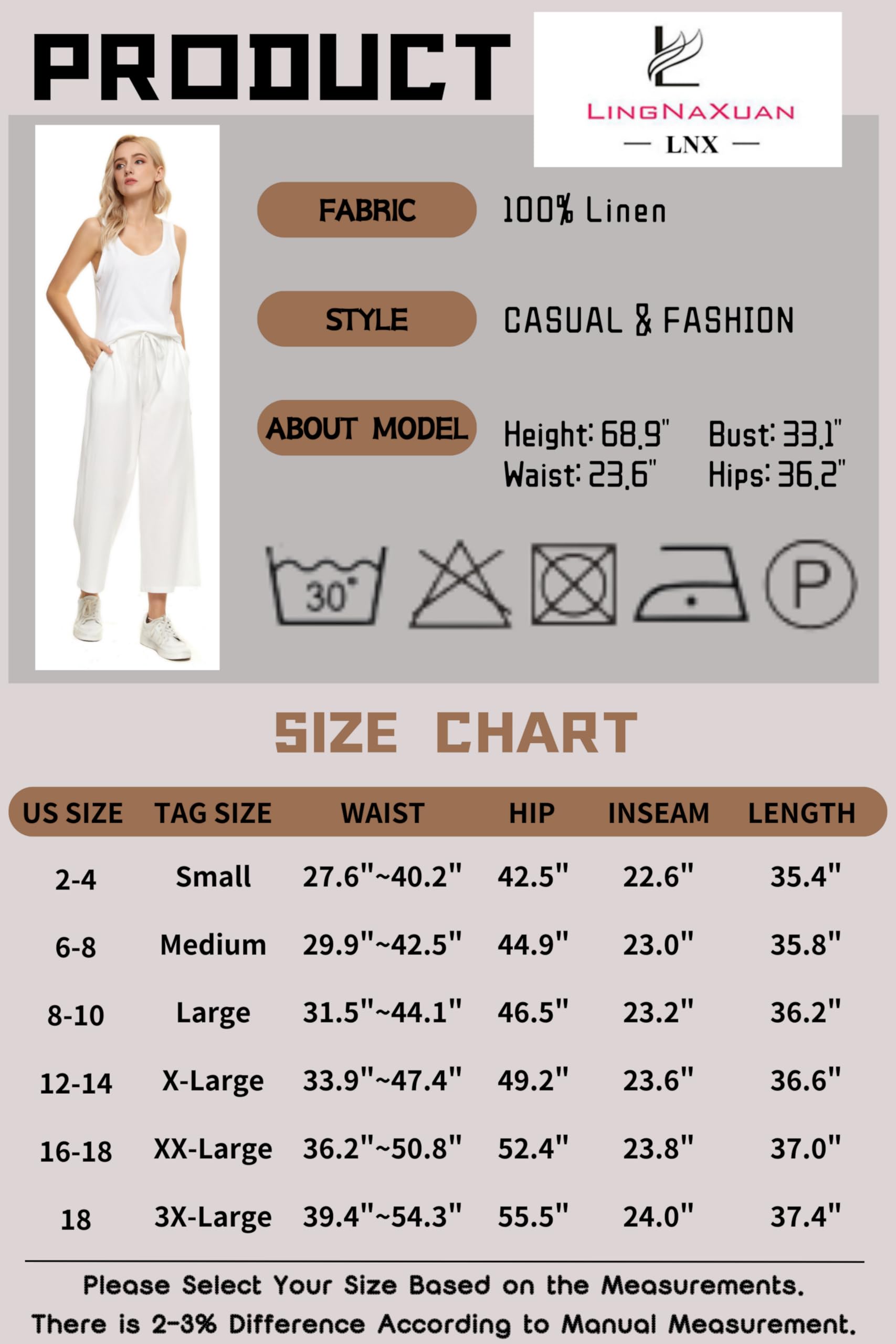 LNX Womens High Waisted Capri Pants 100% Linen Wide Leg Drawstring Flowy Comfy Crop Pants Black