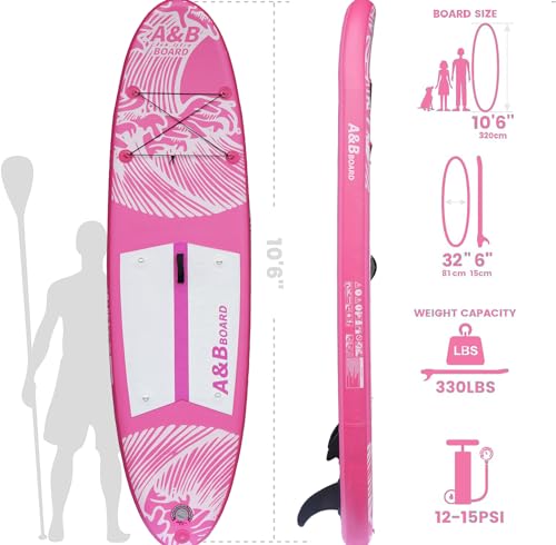 A&BBOARD Pink Stand Up Paddleboard, 10ft/11ft Pink Paddle Boards for Adults with Premium SUP Accessories & Backpack, Dual Action Pump, Wide Stance, Non-Slip Deck for Beginners & Experts