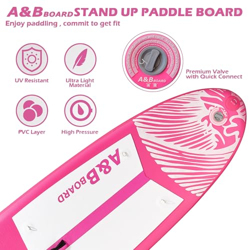 A&BBOARD Pink Stand Up Paddleboard, 10ft/11ft Pink Paddle Boards for Adults with Premium SUP Accessories & Backpack, Dual Action Pump, Wide Stance, Non-Slip Deck for Beginners & Experts