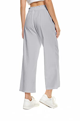 LNX Womens Wide Leg Linen Pants High Waisted Drawstring Flowy Casual Crop Trousers with Pockets Gray