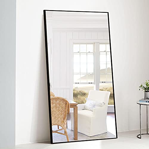 KIAYACI Oversized Full Length Mirror Floor Wall Mirror Leaning Large Wall Mounted Mirror Horizontal/Vertical Bedroom Mirror Dressing Mirror Aluminum Alloy Thin Frame (Black, 51"x32")