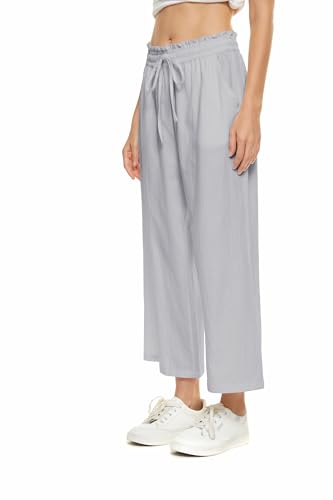 LNX Womens Wide Leg Linen Pants High Waisted Drawstring Flowy Casual Crop Trousers with Pockets Gray