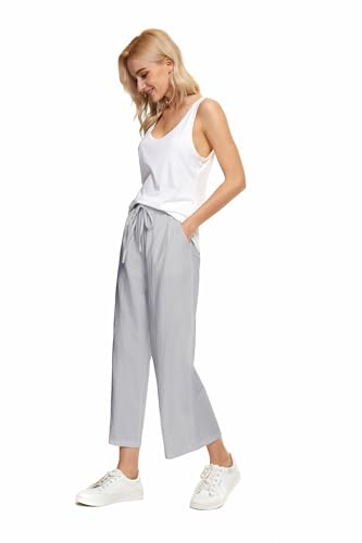 LNX Womens Wide Leg Linen Pants High Waisted Drawstring Flowy Casual Crop Trousers with Pockets Gray