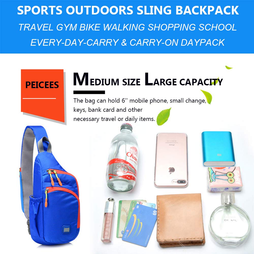 Peicees Medium Sling Backpack Waterproof Unisex Shoulder Bag Chest Crossbody Daypack