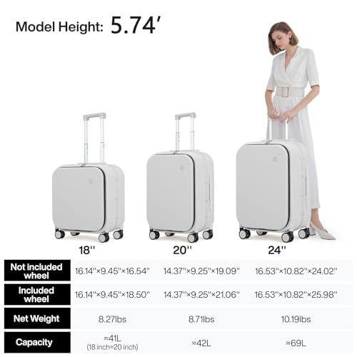 Mixi Carry On Luggage, 20'' Suitcase with Front Laptop Pocket, Travel Rolling Luggage Aluminum Frame PC Hardside with Spinner Wheels & TSA Lock and Cover - Smoke White