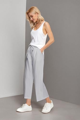 LNX Womens Wide Leg Linen Pants High Waisted Drawstring Flowy Casual Crop Trousers with Pockets Gray