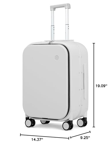 Mixi Carry On Luggage, 20'' Suitcase with Front Laptop Pocket, Travel Rolling Luggage Aluminum Frame PC Hardside with Spinner Wheels & TSA Lock and Cover - Smoke White
