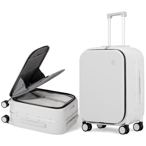 Mixi Carry On Luggage, 20'' Suitcase with Front Laptop Pocket, Travel Rolling Luggage Aluminum Frame PC Hardside with Spinner Wheels & TSA Lock and Cover - Smoke White