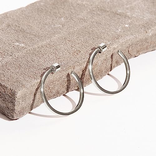 PAVOI 14K White Gold Plated Thin Square Edge Open Hoop Earrings for Women | Leightweight 30MM Diameter Hoops
