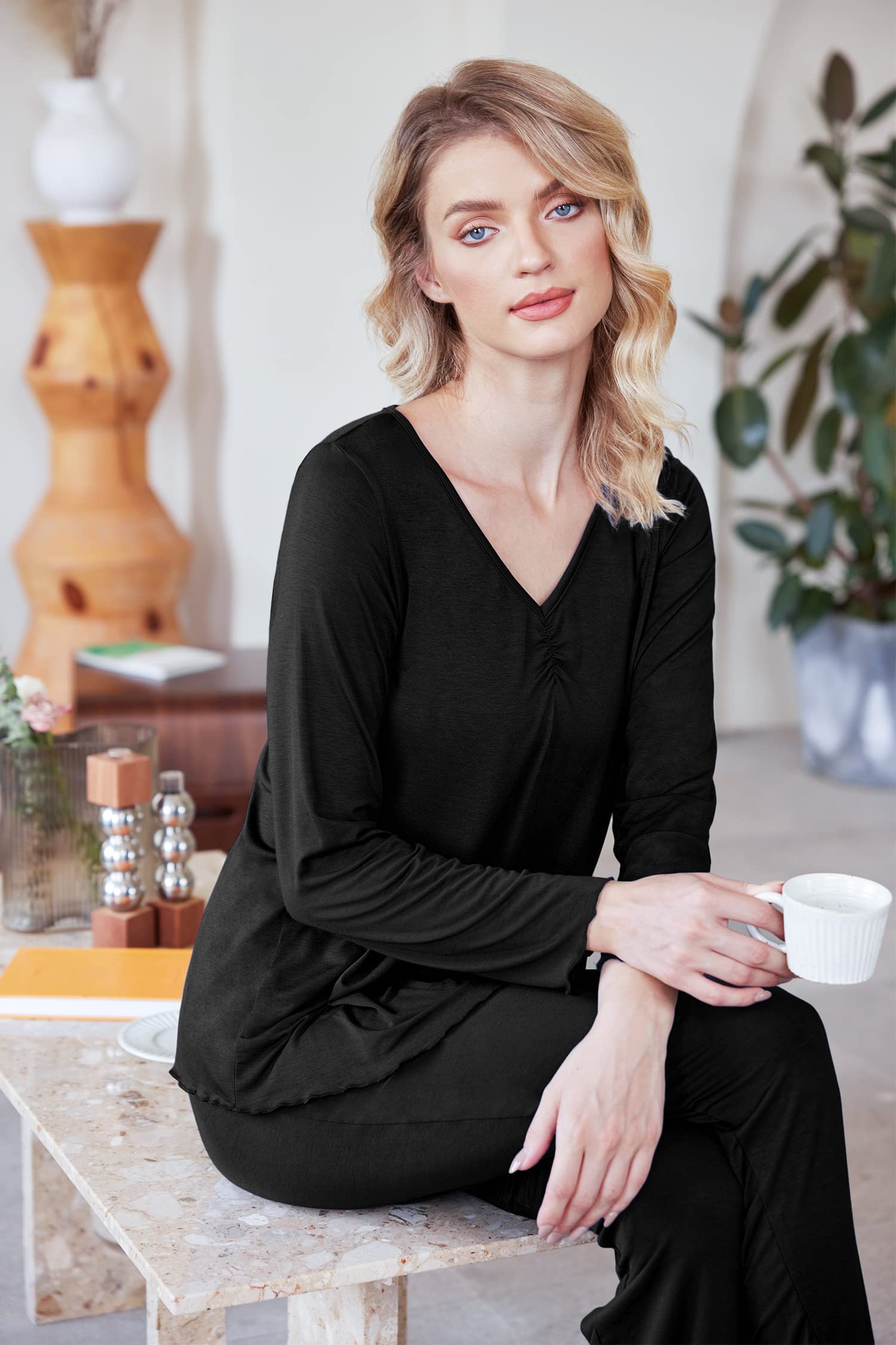 Ekouaer Women's Pajama Set Long Sleeve Pj Sets Two Piece Loungewear Soft Pajama Top and Pants Pjs Sleepwear