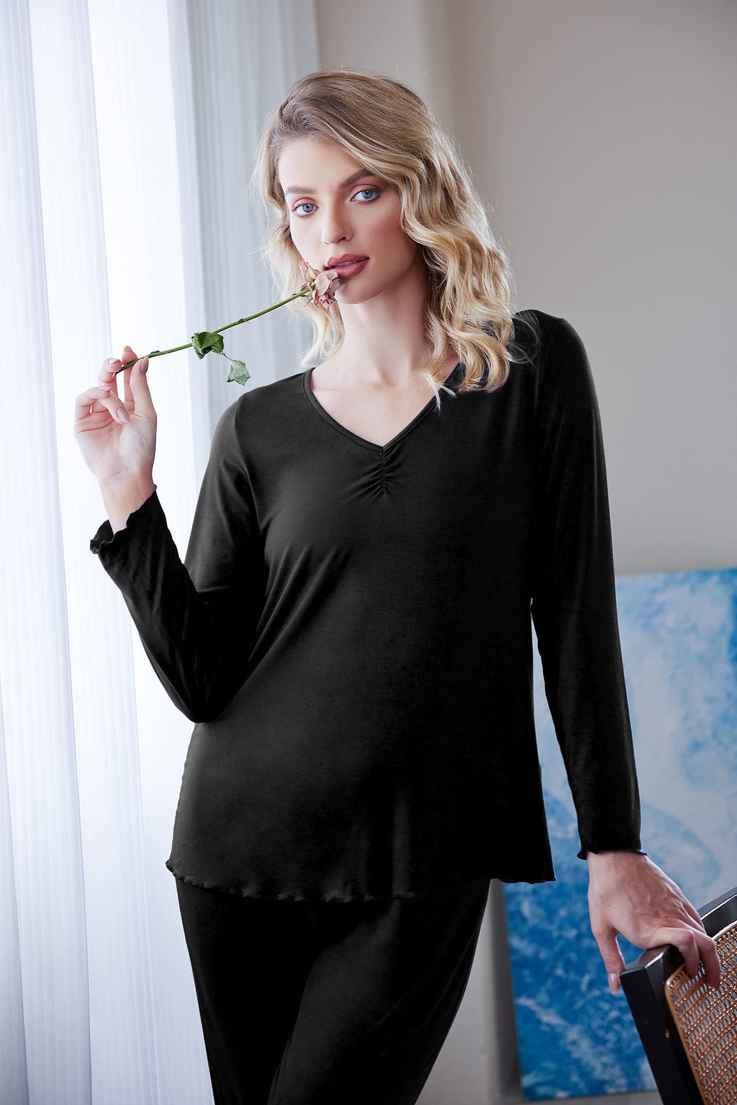 Ekouaer Women's Pajama Set Long Sleeve Pj Sets Two Piece Loungewear Soft Pajama Top and Pants Pjs Sleepwear