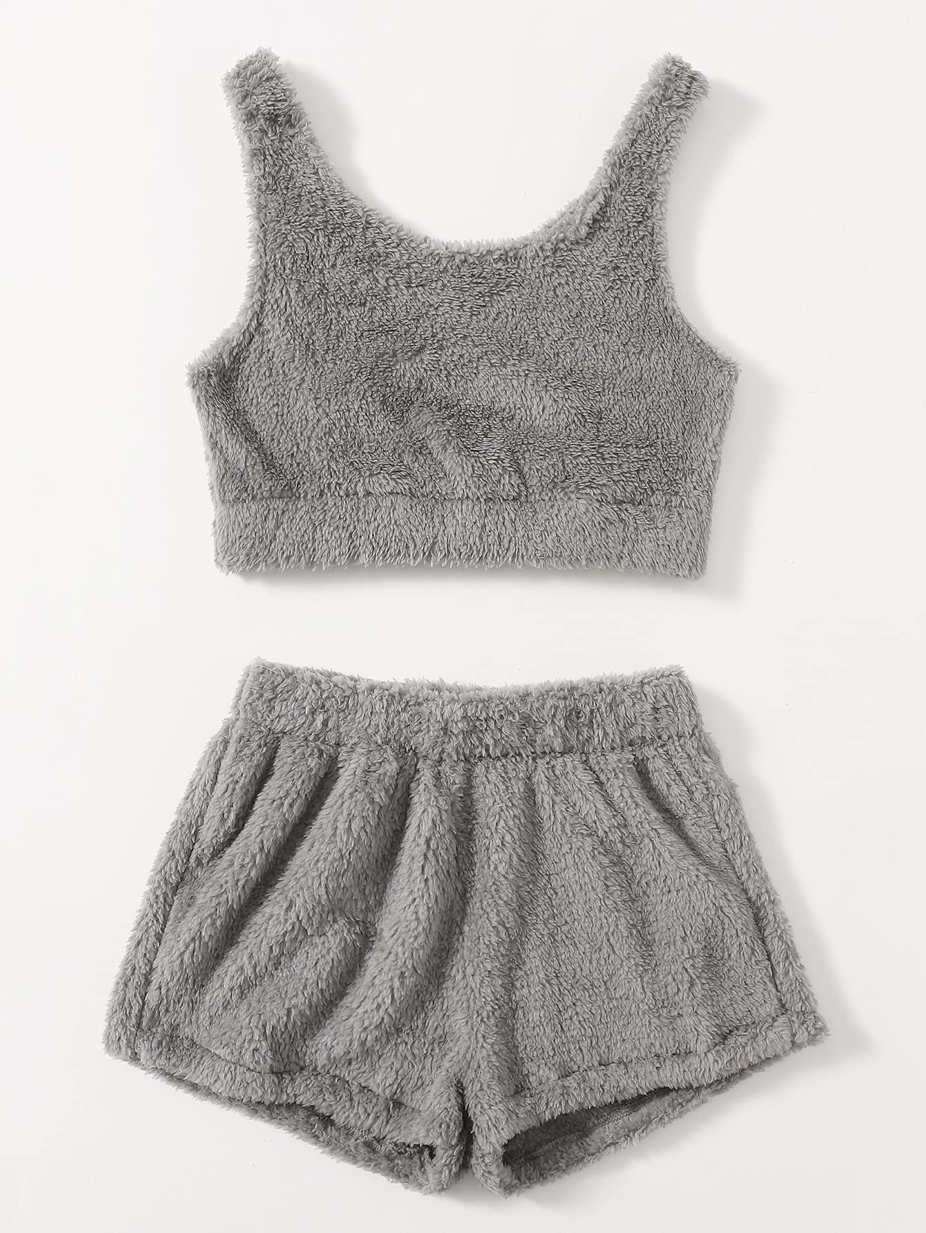Verdusa Women's Fuzzy Pajamas Set Loungewear Crop Tank Top and Shorts Sleepwear Grey S