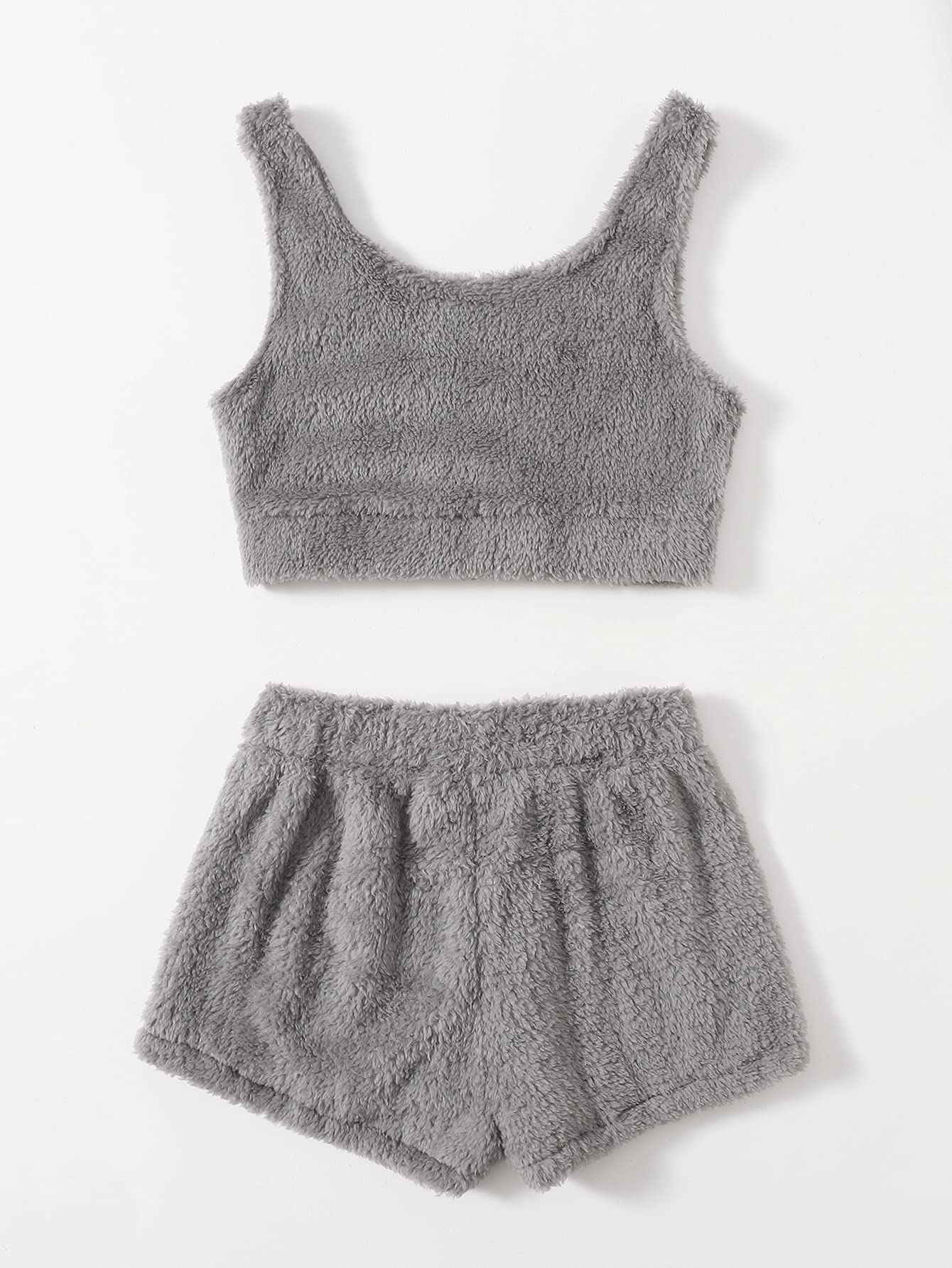 Verdusa Women's Fuzzy Pajamas Set Loungewear Crop Tank Top and Shorts Sleepwear Grey S