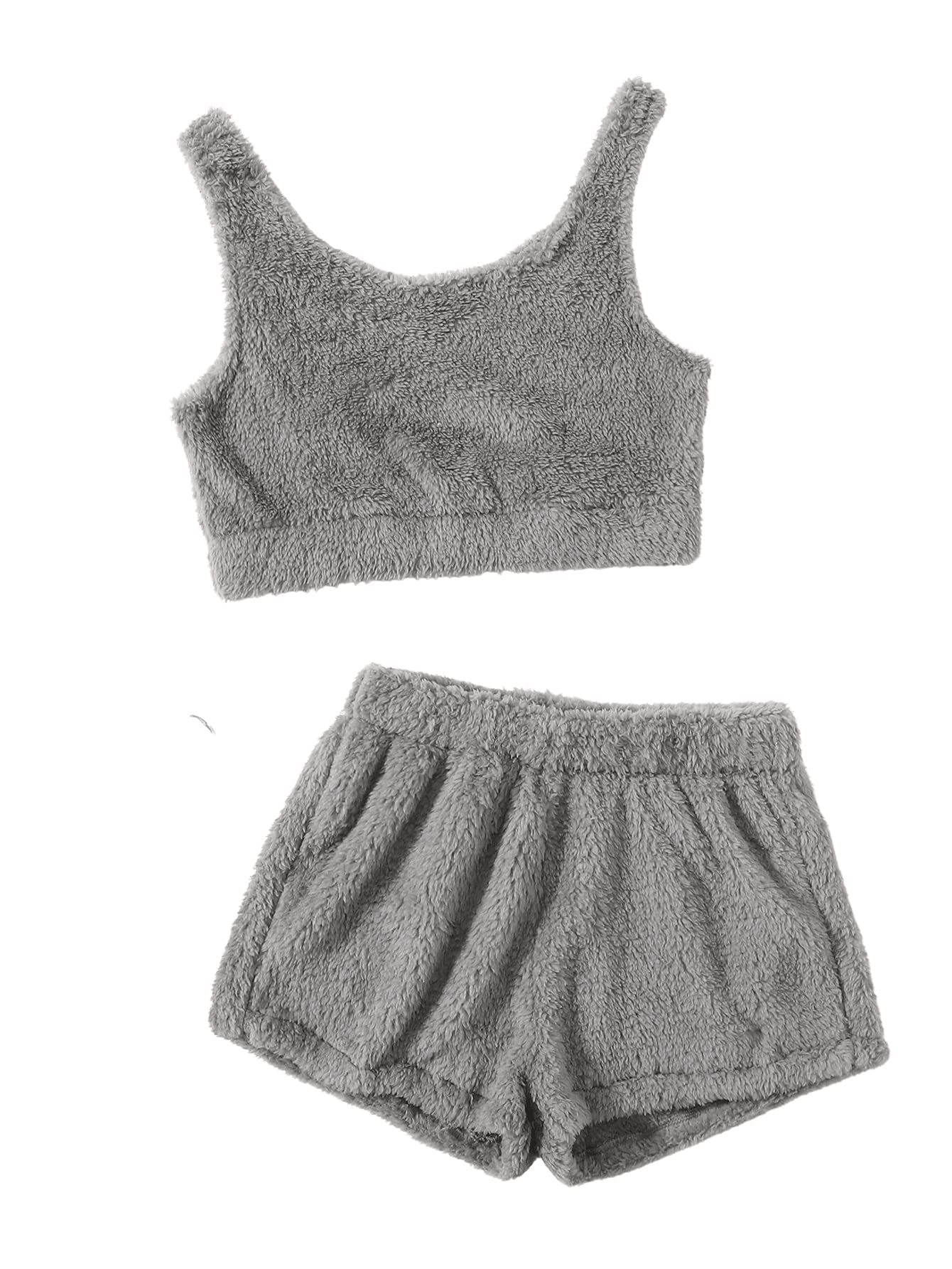 Verdusa Women's Fuzzy Pajamas Set Loungewear Crop Tank Top and Shorts Sleepwear Grey S