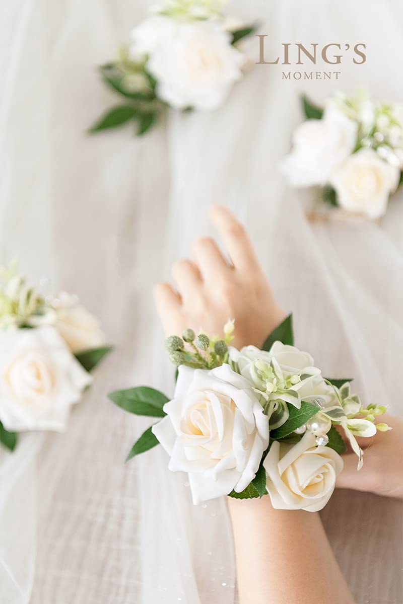 Ling's Moment 2pcs Homecoming Wrist Corsage Artificial Flowers, Girl/Mother Corsages Wristlet Décor for Prom/Wedding/Anniversary, etc. White Ivory