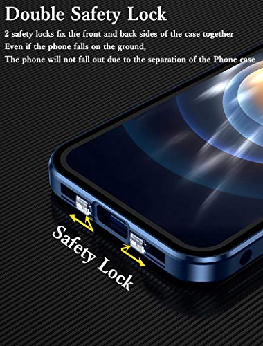 Disonbeir Lockable iPhone 12 Pro Max Anti-Peeping Case with Camera Lens Protector Privacy Screen Protector Strap Hole Aluminum Alloy Metal Bumper Case Double Lock Glass Case Cover (12ProMax, Blue)