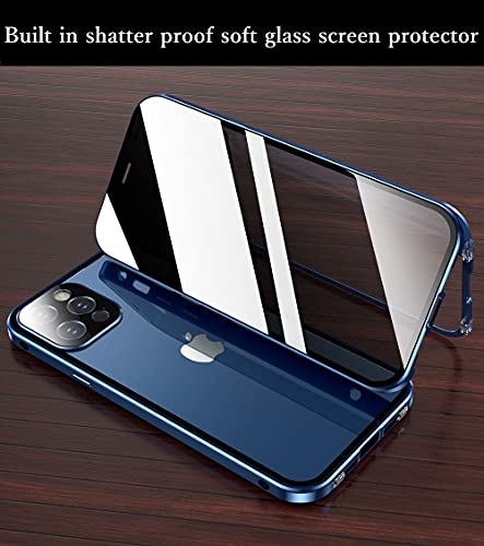 Disonbeir Lockable iPhone 12 Pro Max Anti-Peeping Case with Camera Lens Protector Privacy Screen Protector Strap Hole Aluminum Alloy Metal Bumper Case Double Lock Glass Case Cover (12ProMax, Blue)
