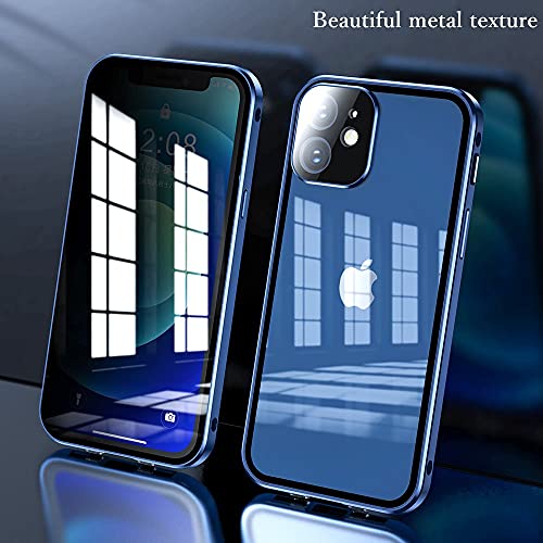 Disonbeir Lockable iPhone 12 Pro Max Anti-Peeping Case with Camera Lens Protector Privacy Screen Protector Strap Hole Aluminum Alloy Metal Bumper Case Double Lock Glass Case Cover (12ProMax, Blue)