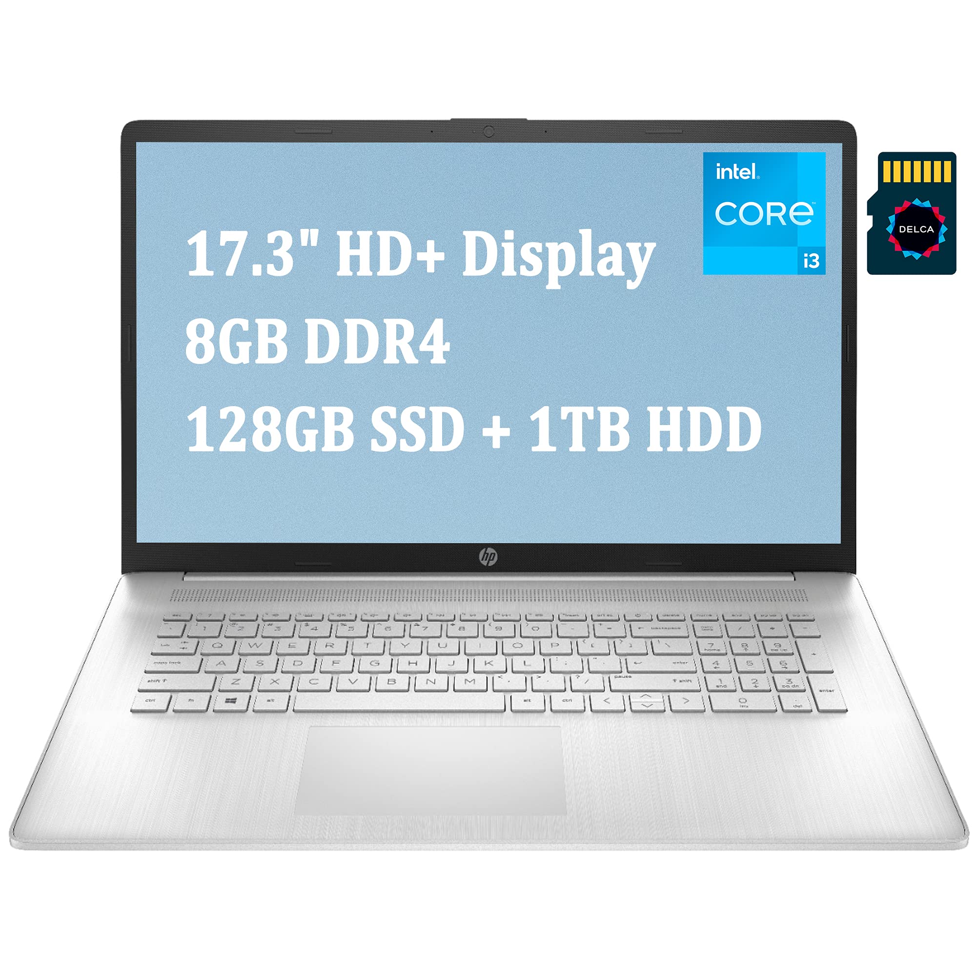 HP 17 Business Laptop Computer I 17.3" Diagonal HD+ Display I 11th Gen Intel i3-1115G4 (> i5-8265U) I 8GB DDR4 128GB SSD 1TB HDD I USB-C HDMI Win10 Silver + 32GB Micro SD Card
