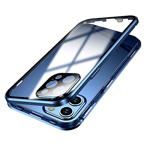 Disonbeir Lockable iPhone 12 Pro Max Anti-Peeping Case with Camera Lens Protector Privacy Screen Protector Strap Hole Aluminum Alloy Metal Bumper Case Double Lock Glass Case Cover (12ProMax, Blue)
