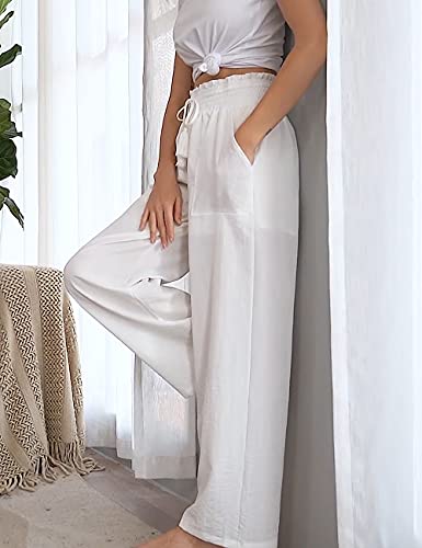 Rapbin Women's Cotton Linen Pants Casual Drawstring Loose Elastic Waist Beach Trousers with Pockets White L