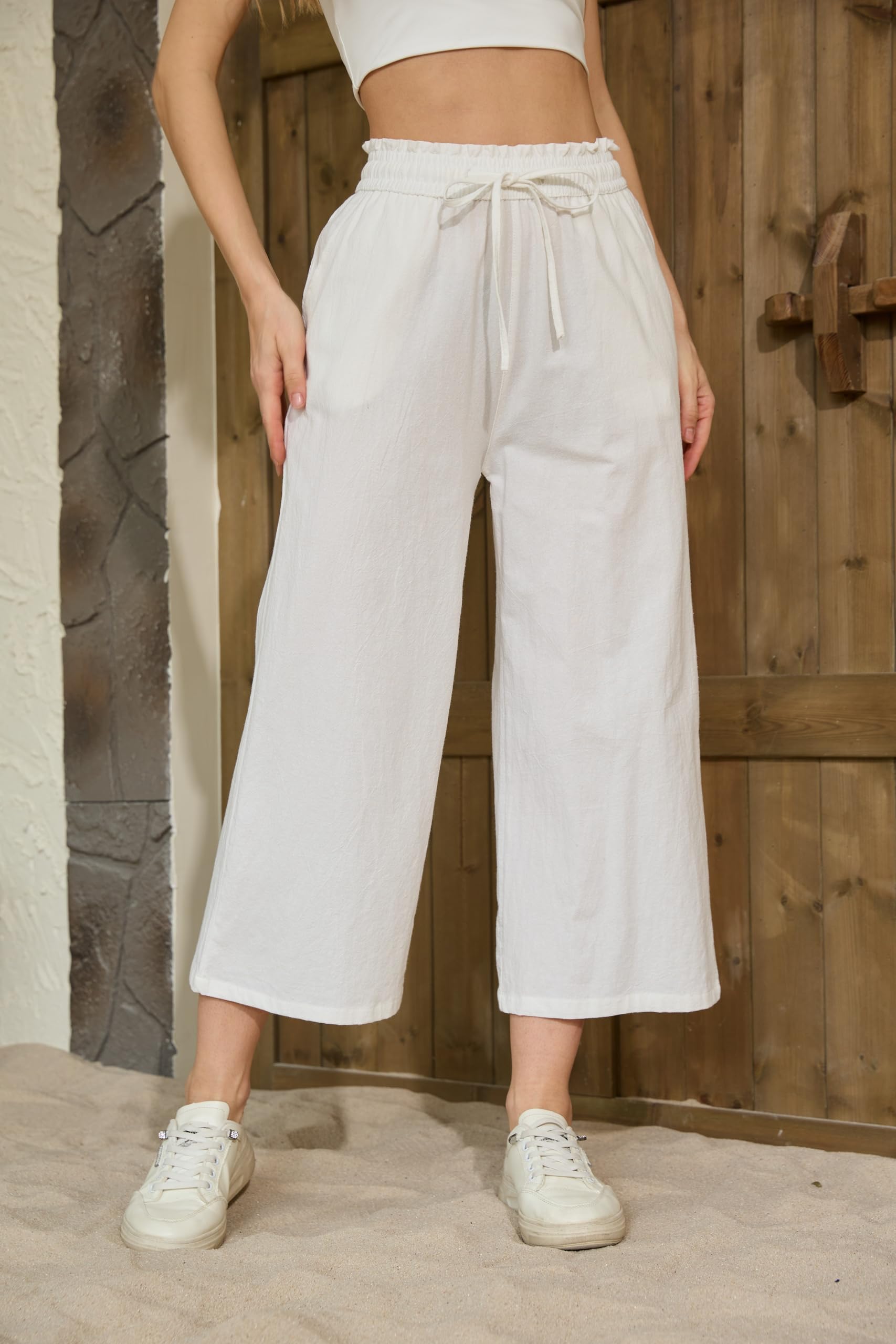 BCOFUI Womens Linen Wide Leg Pants High Waisted Drawstring Baggy Loose Beach Trousers with Pocket