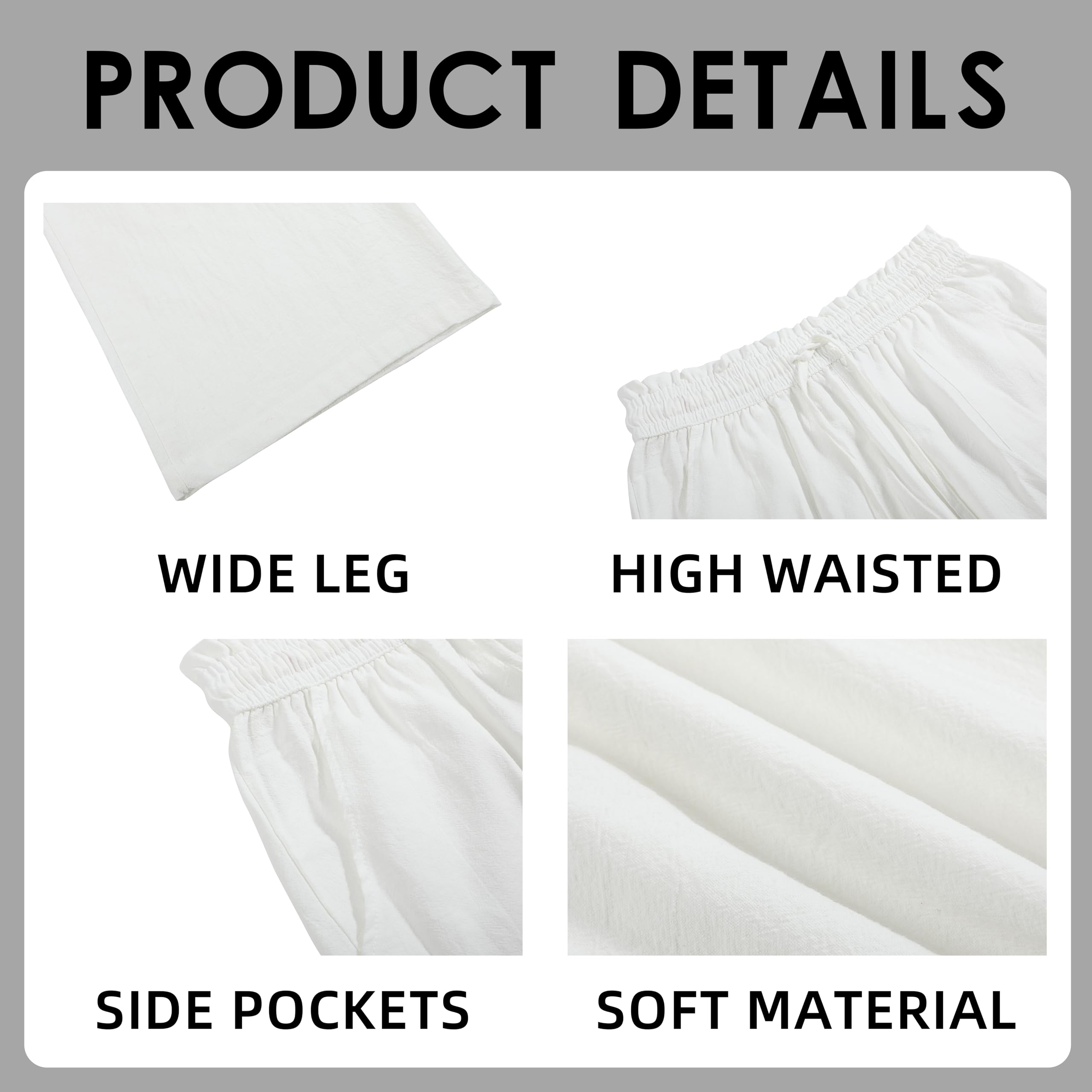 BCOFUI Womens Linen Wide Leg Pants High Waisted Drawstring Baggy Loose Beach Trousers with Pocket