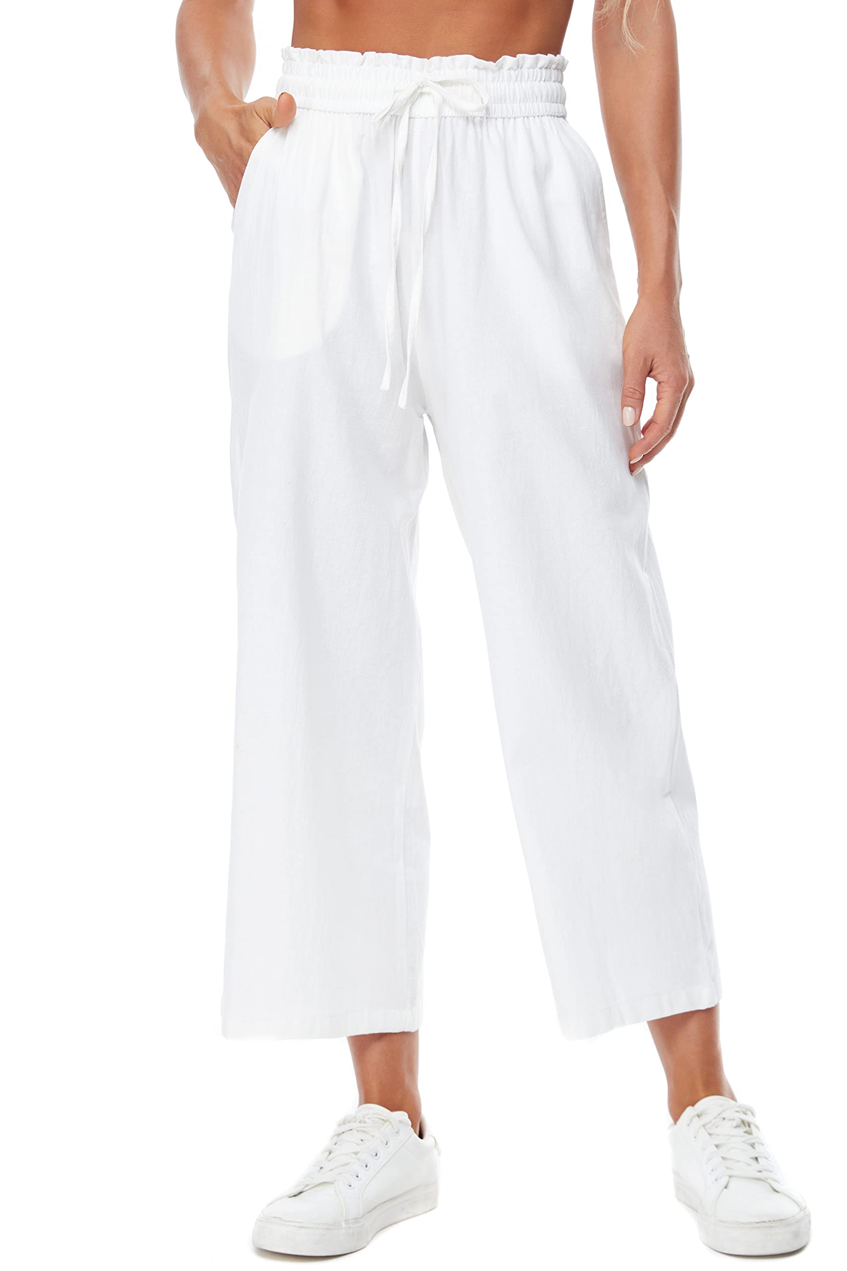 BCOFUI Womens Linen Wide Leg Pants High Waisted Drawstring Baggy Loose Beach Trousers with Pocket