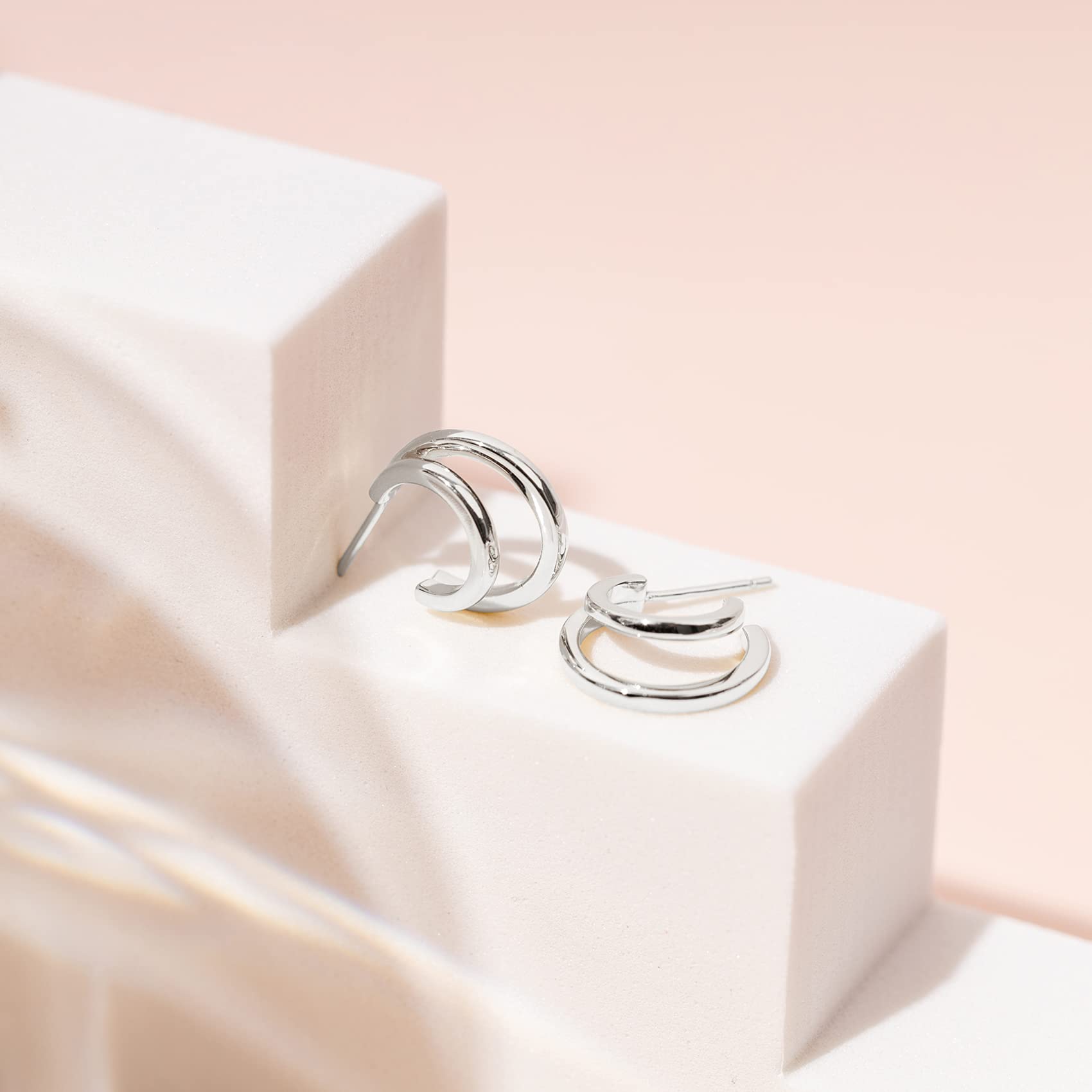 PAVOI Rhodium Plated Small Double Hoop Earrings for Women - Trendy Huggie Earrings - Multi Hoops Statement Jewelry