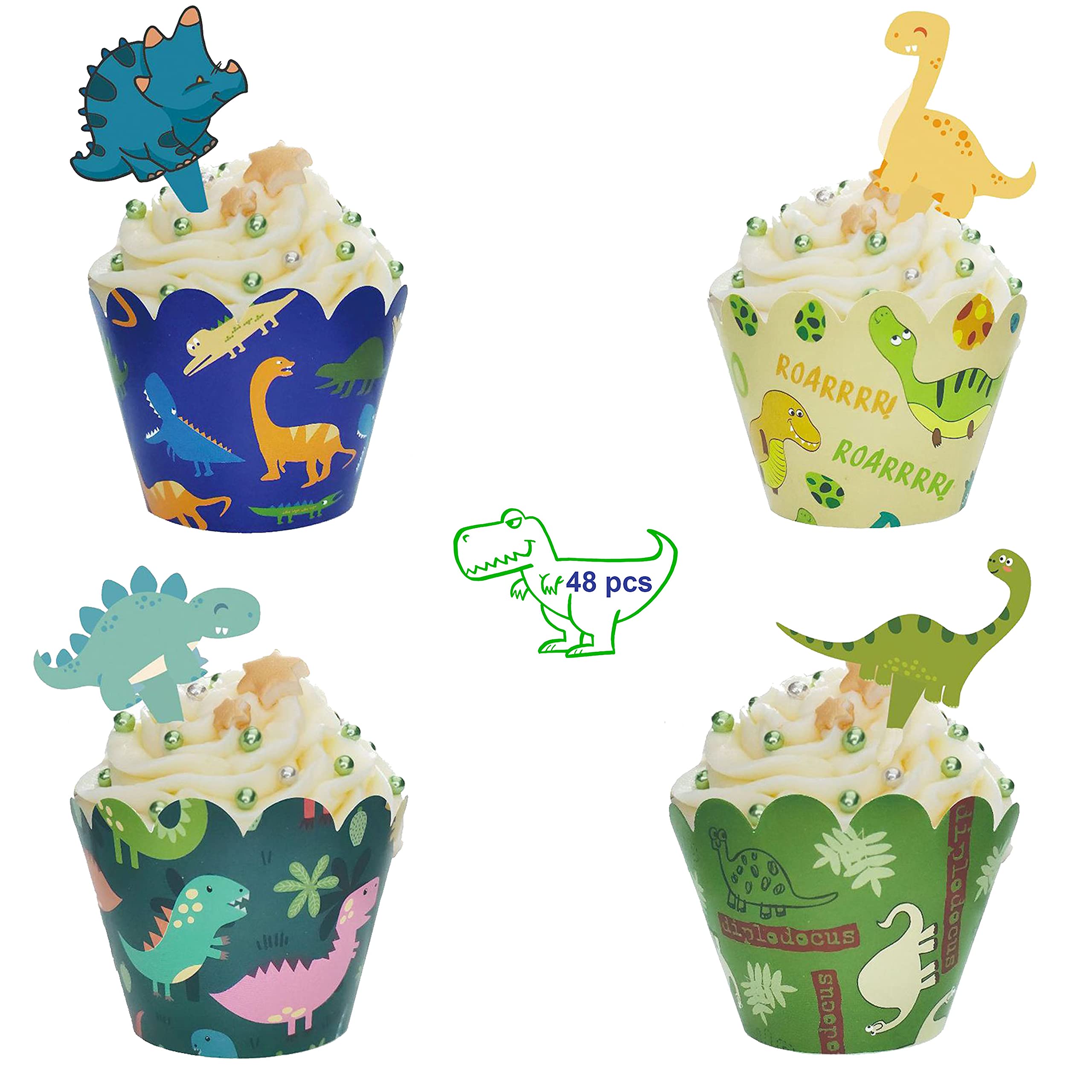 48Pcs Dinosaur Cupcake Toppers and Wrappers, Reversible Cupcake Liners with Dinosaur Picks - Cute Mini Cake Decorations for Baby Shower, Birthday Party - Jurassic World Theme Dino Party Supplies Decor