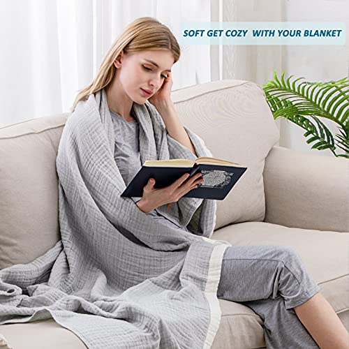 SE SOFTEXLY Cotton Muslin Throw Blanket for Adults,Breathable 4-Layer Yarn Dyed Linen Texture Gauze Blanket for Bed Sofa Couch,Super Soft Lightweight Twin Size Blanket for All Season(60"x80",Grey)