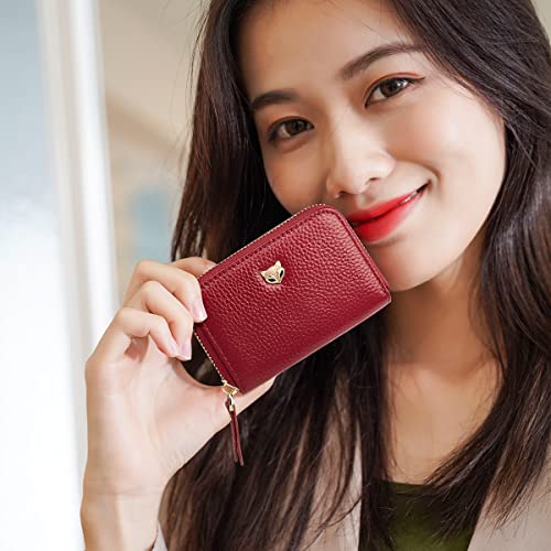 FOXLOVER Small Genuine Leather Credit Card Holders for Women, RFID Blocking Ladies Mini Card Case Women's Card Wallets with Gift Box Packing (Red)
