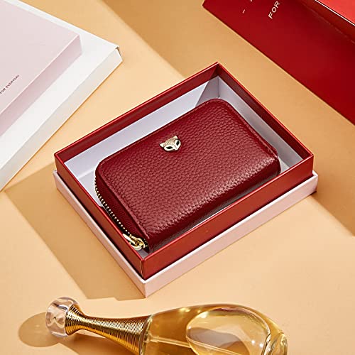 FOXLOVER Small Genuine Leather Credit Card Holders for Women, RFID Blocking Ladies Mini Card Case Women's Card Wallets with Gift Box Packing (Red)