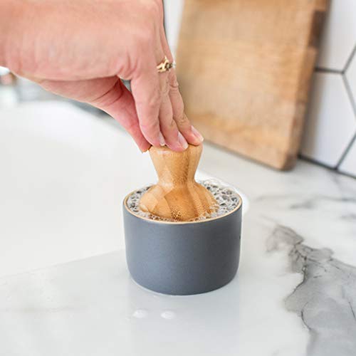 Full Circle Bubble Up Ceramic Dispenser & Bamboo Handle Brush β Replaceable Kitchen Dish Scrubber with Soap Holder, Gray, Dispenser, Grey/White