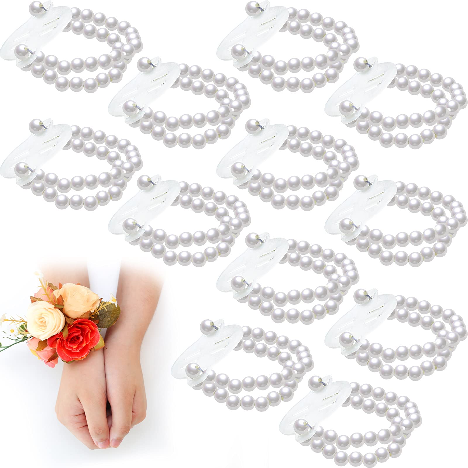 12 Pieces Elastic Pearl Wristband Corsage Wristlet Band Corsage Bracelet Pearl Wedding Wrist DIY Decor Corsage Pearl Bead Stretch Wristband Accessory for Wedding Bridesmaid Bride Prom Handmade