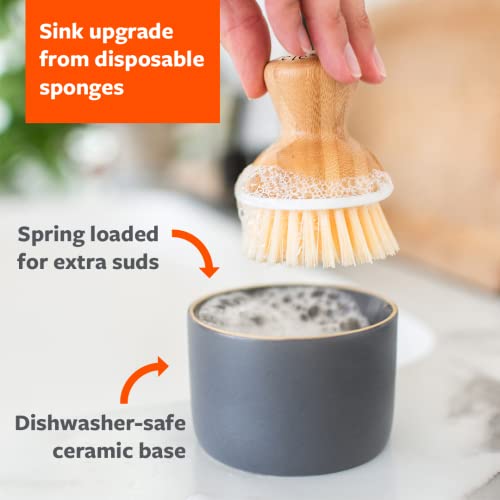 Full Circle Bubble Up Ceramic Dispenser & Bamboo Handle Brush β Replaceable Kitchen Dish Scrubber with Soap Holder, Gray, Dispenser, Grey/White