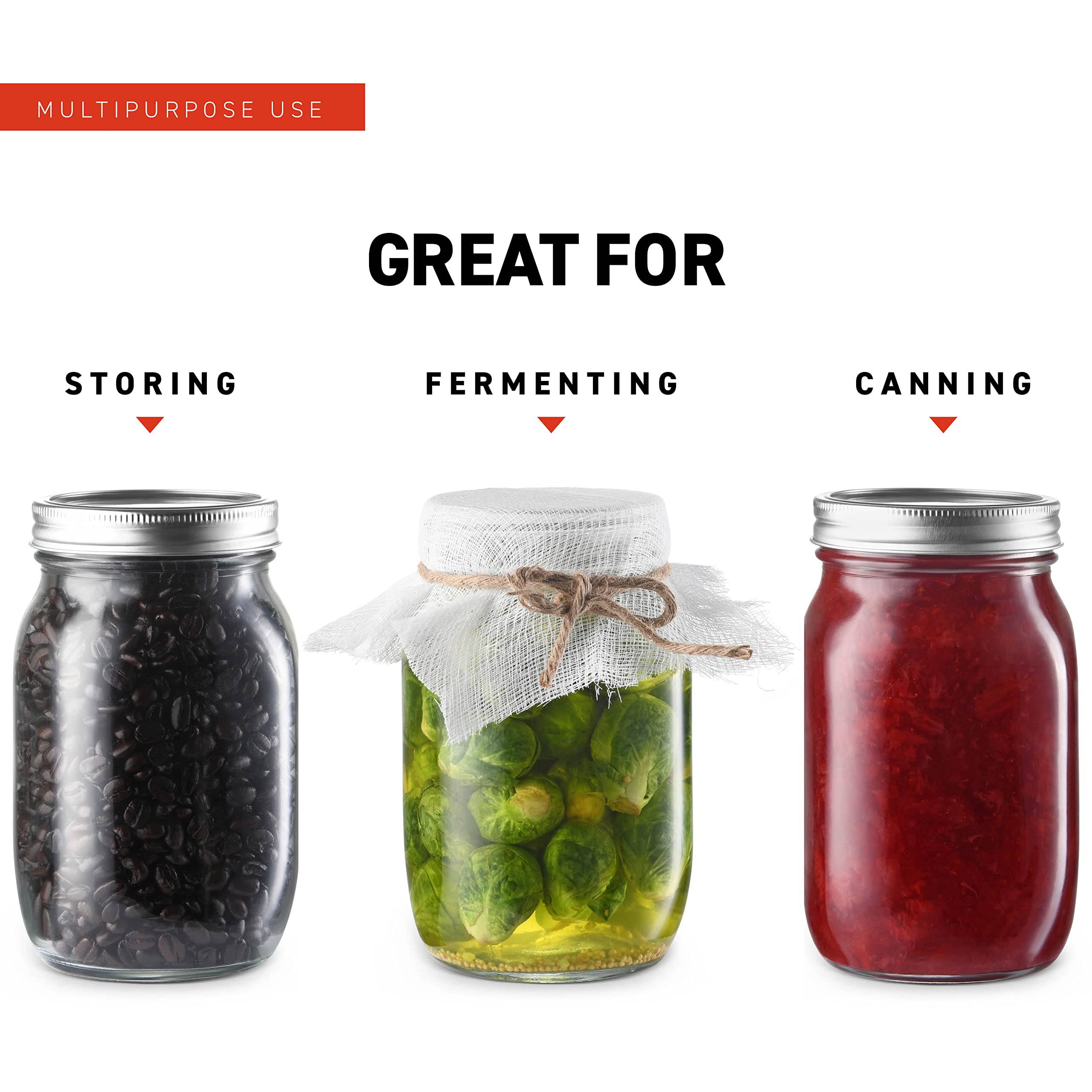 Quality Glass Mason Jars 32 Ounce (6 Pack) Regular Mouth Glass Mason Jar with Lids & Bands, Dishwasher Safe. Ideal for Canning, Pickling, Jam, Meal Prep, Food Storage - Bonus Chalkboard Label & Pen