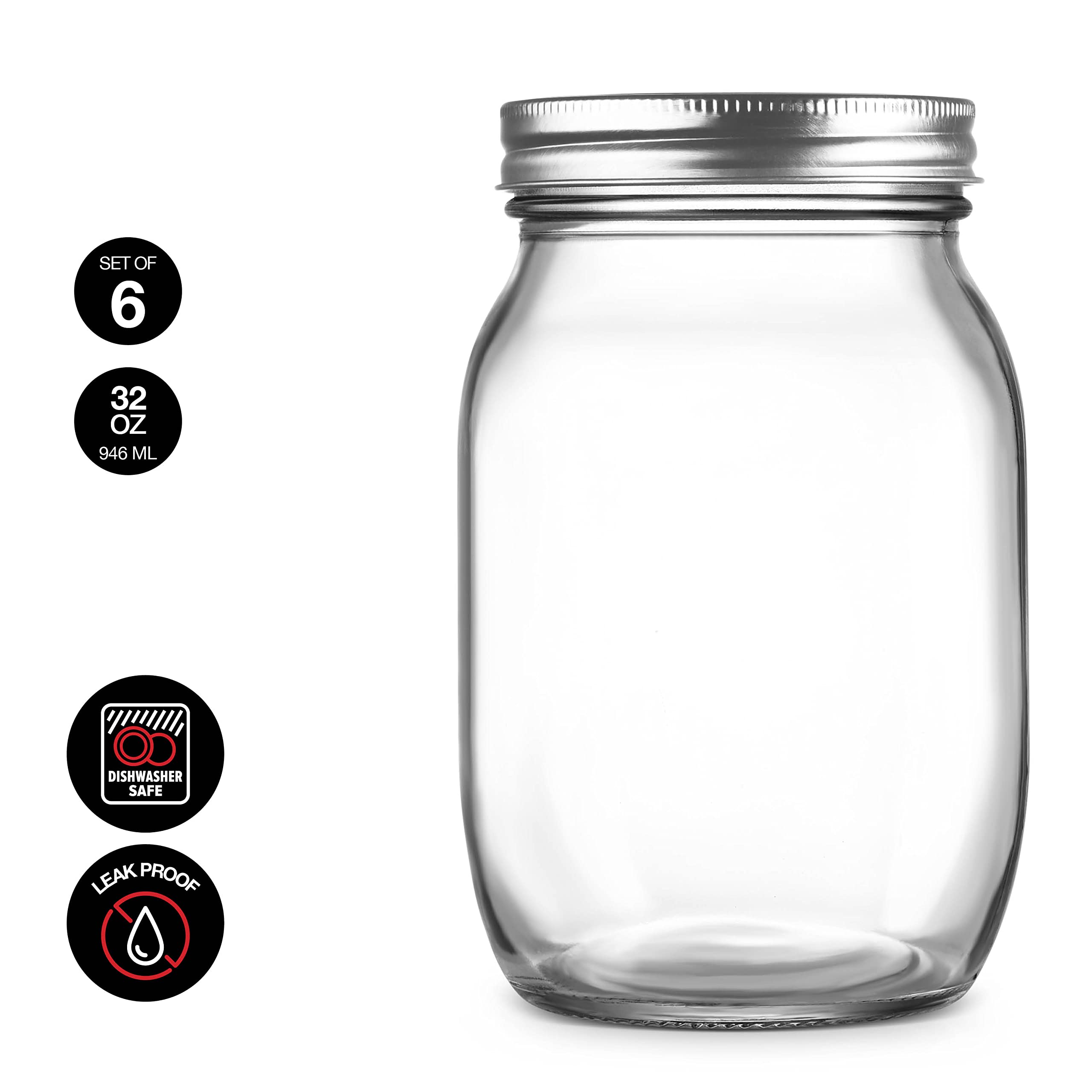 Quality Glass Mason Jars 32 Ounce (6 Pack) Regular Mouth Glass Mason Jar with Lids & Bands, Dishwasher Safe. Ideal for Canning, Pickling, Jam, Meal Prep, Food Storage - Bonus Chalkboard Label & Pen