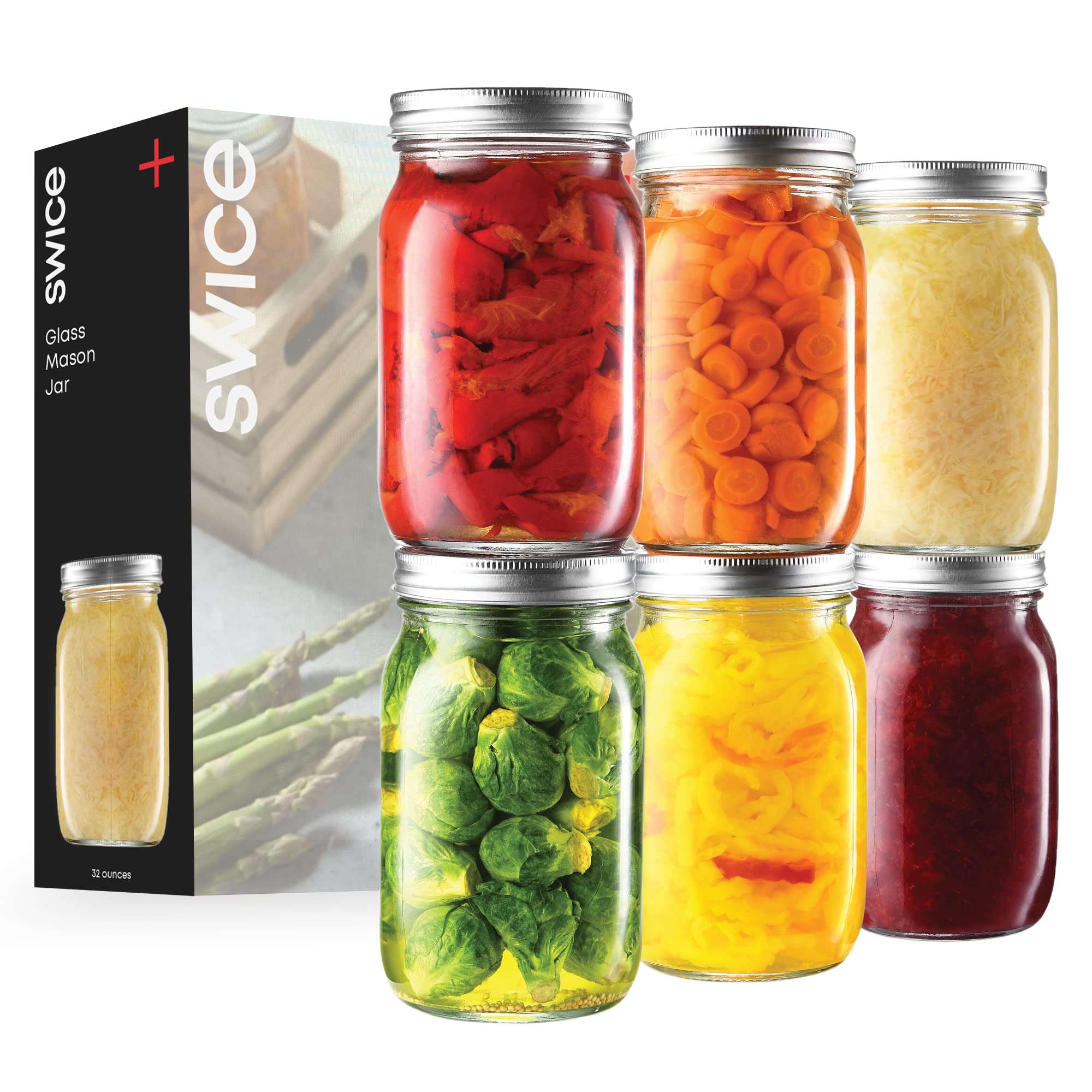 Quality Glass Mason Jars 32 Ounce (6 Pack) Regular Mouth Glass Mason Jar with Lids & Bands, Dishwasher Safe. Ideal for Canning, Pickling, Jam, Meal Prep, Food Storage - Bonus Chalkboard Label & Pen